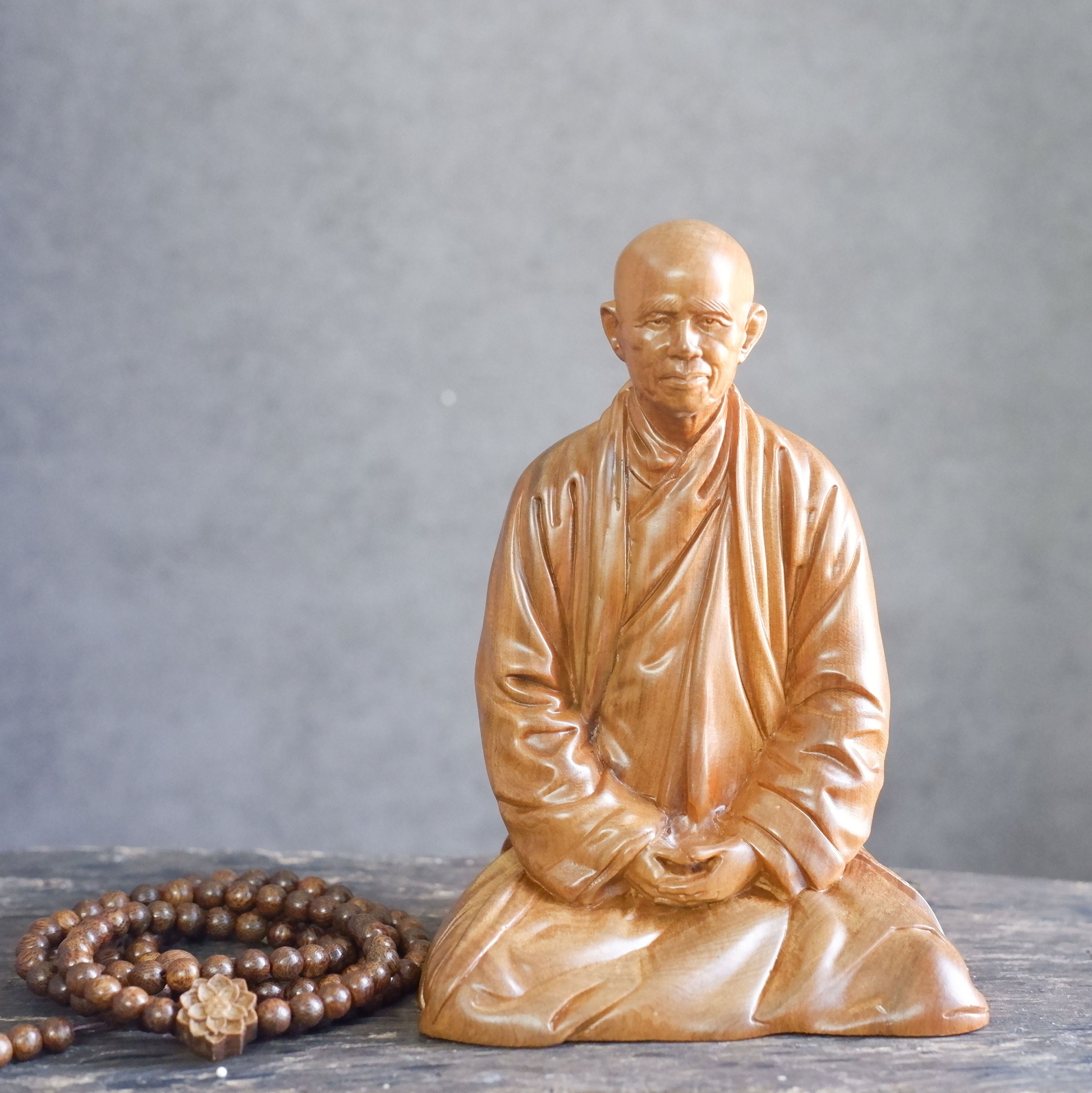 Wooden Zen Master Thich Nhat Hanh Statue, Buddhist Figurines Statue ...