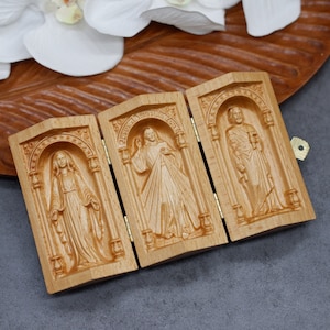 Wooden Catholic Triptych for Home Decor, Prayer Altar Catholic, Wooden ...