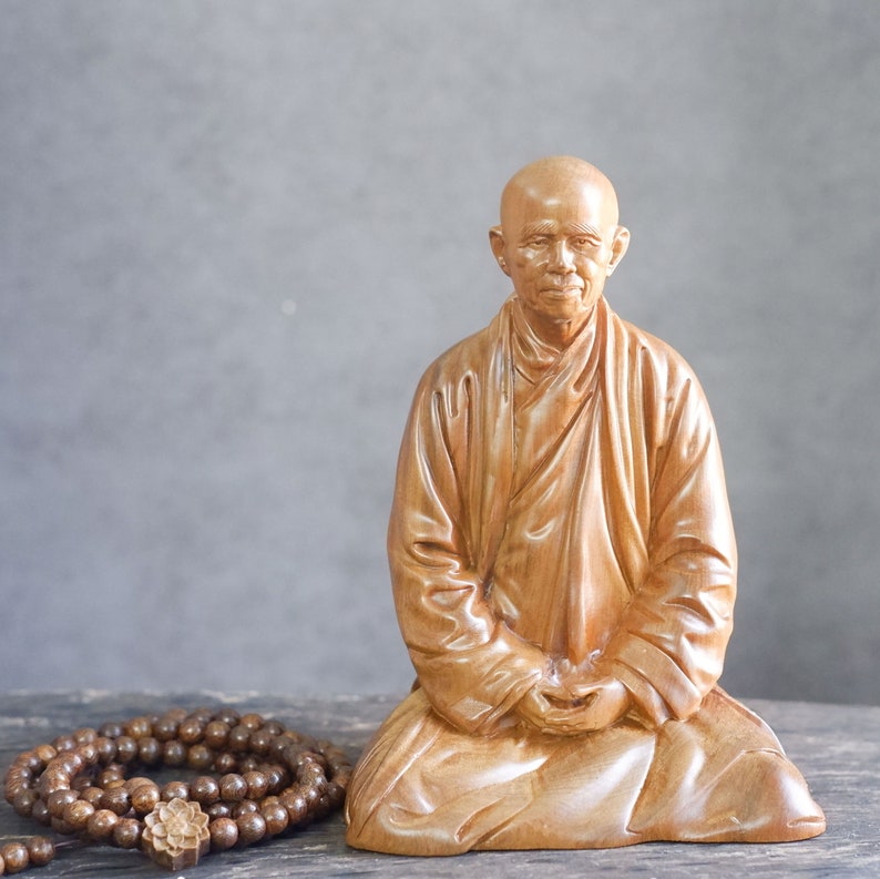 Wooden Zen Master Thich Nhat Hanh Statue, Buddhist Figurines Statue ...