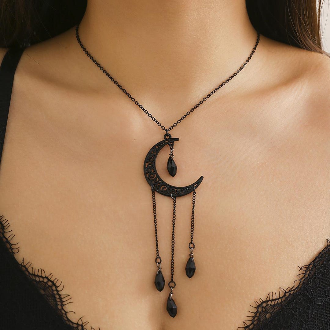 Black Crescent Moon and Tear Drop Gothic Necklace, Dangling Drop Beads ...