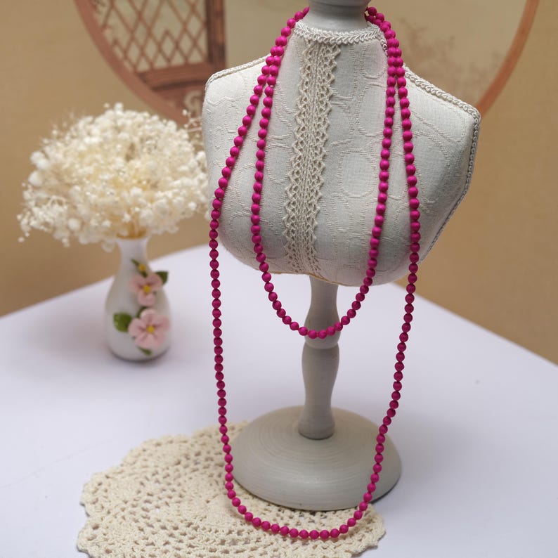 6mm Deep Pink Bead Necklace, Long Silk Beaded Necklace, Long Wooden ...