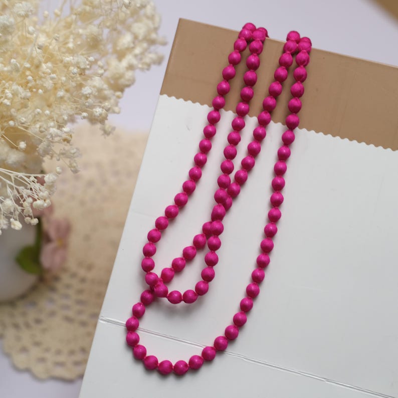 6mm Deep Pink Bead Necklace, Long Silk Beaded Necklace, Long Wooden ...