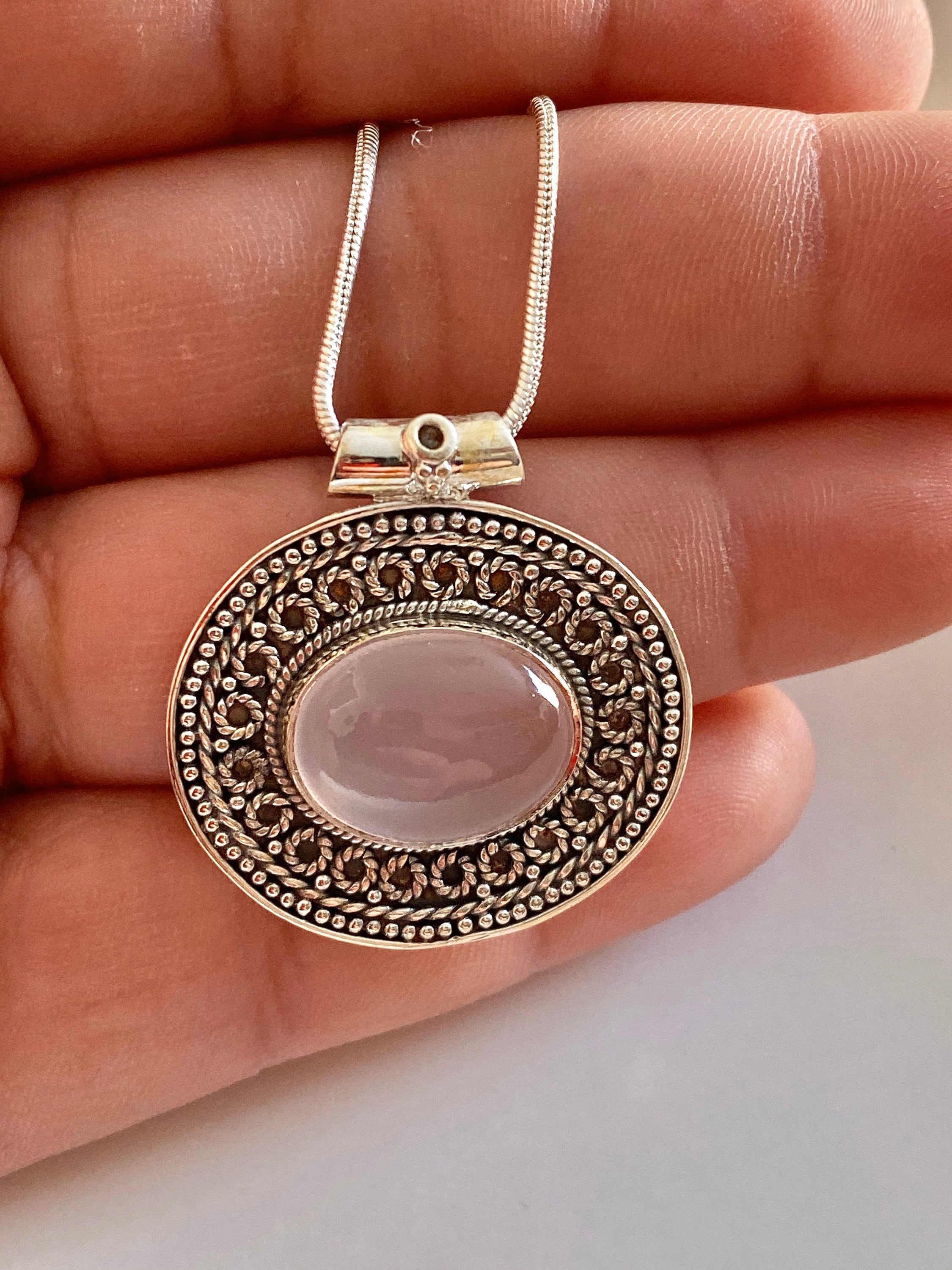 Rose Quartz Cabochon Genuine Gemstone Pendant Set in 925 Sterling ...