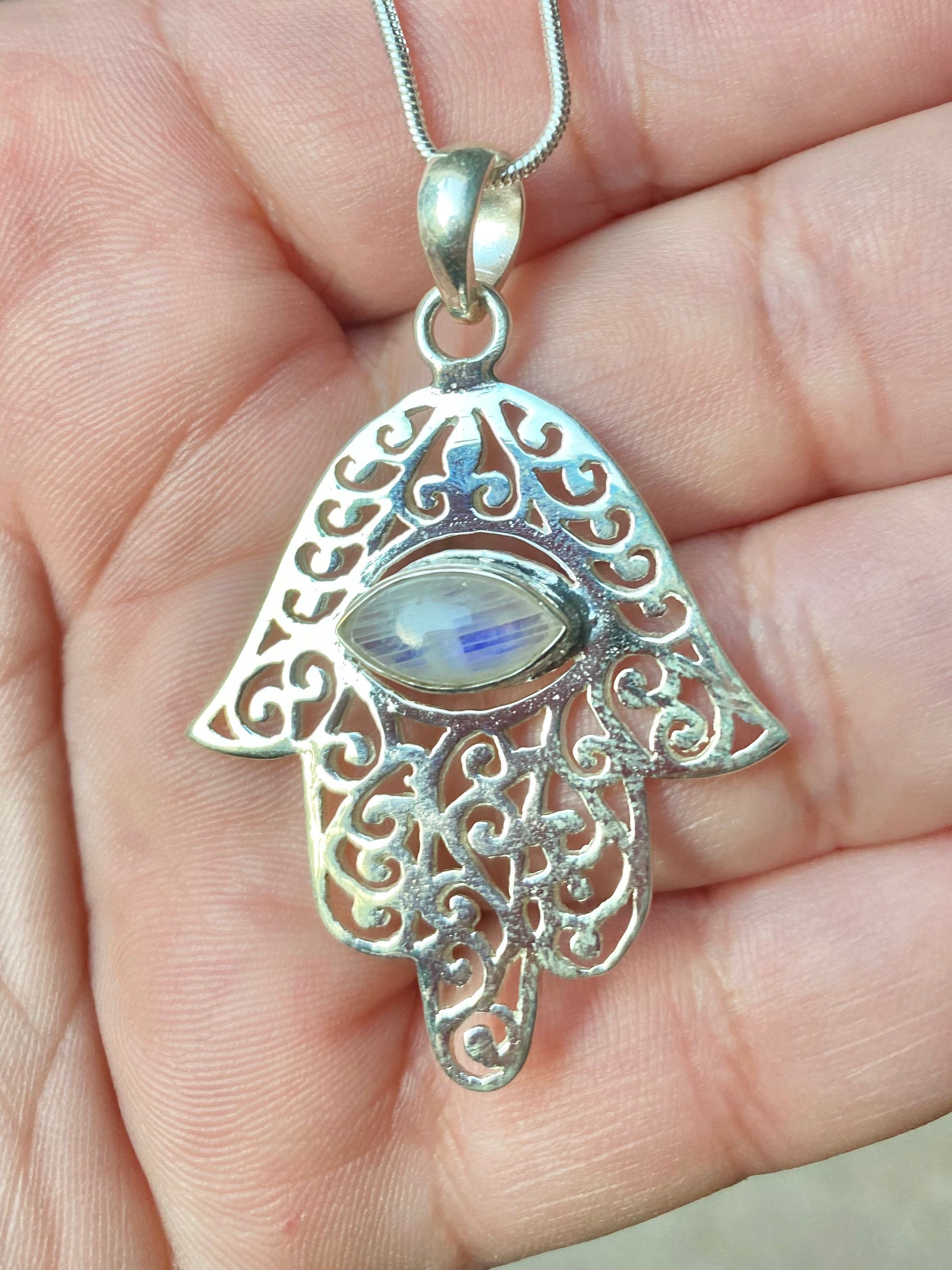 Moonstone genuine Evil Eye gemstone khamsa pendant set in | Etsy