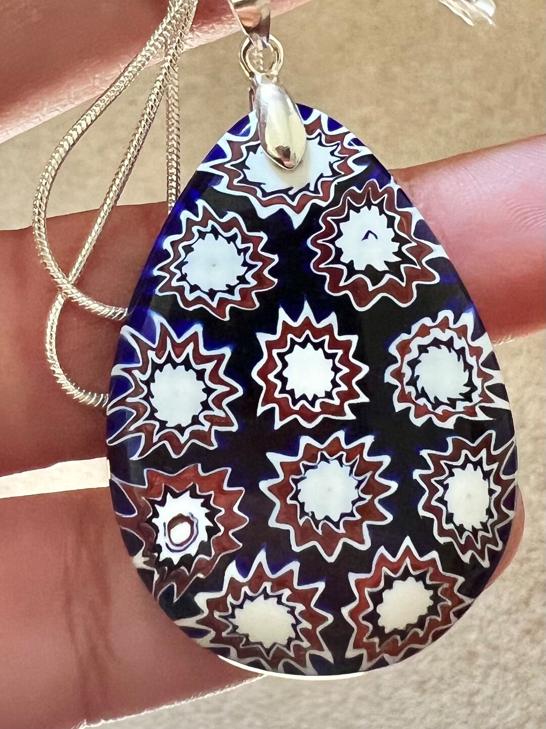 Millefiori Venetian Pendant, Sterling Silver Snake Chain, Blue Red ...