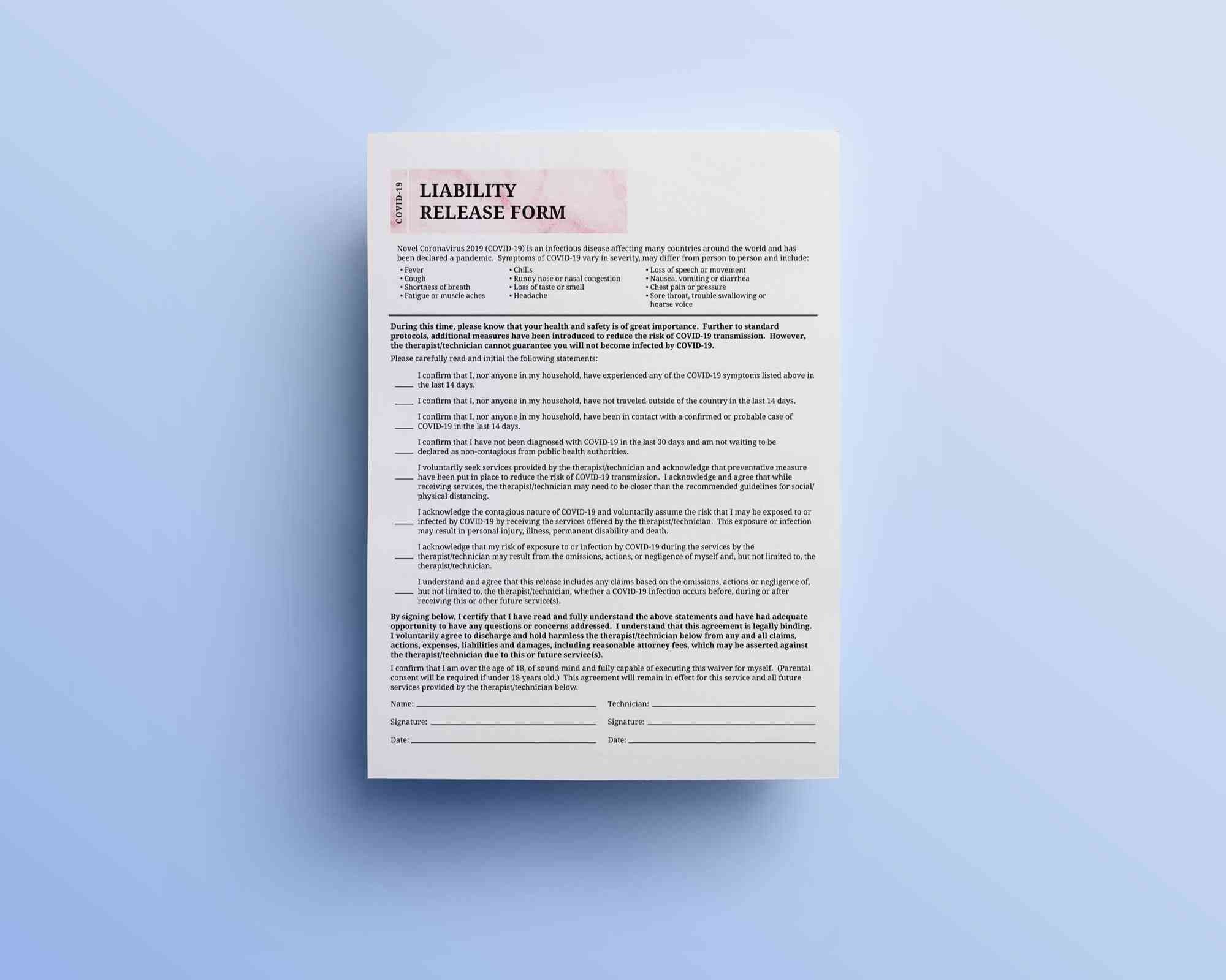 Liability Waiver for Lash Technician Spa Therapist DIGITAL | Etsy