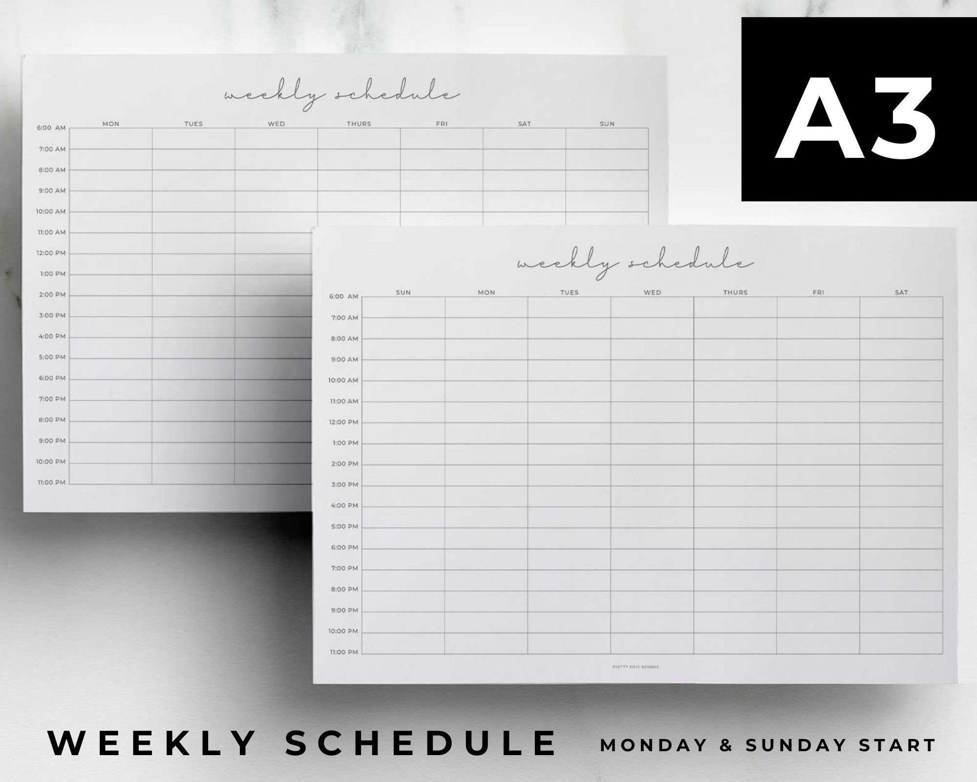 A3 Weekly Schedule Weekly Planner Printable Hourly Planner - Etsy UK