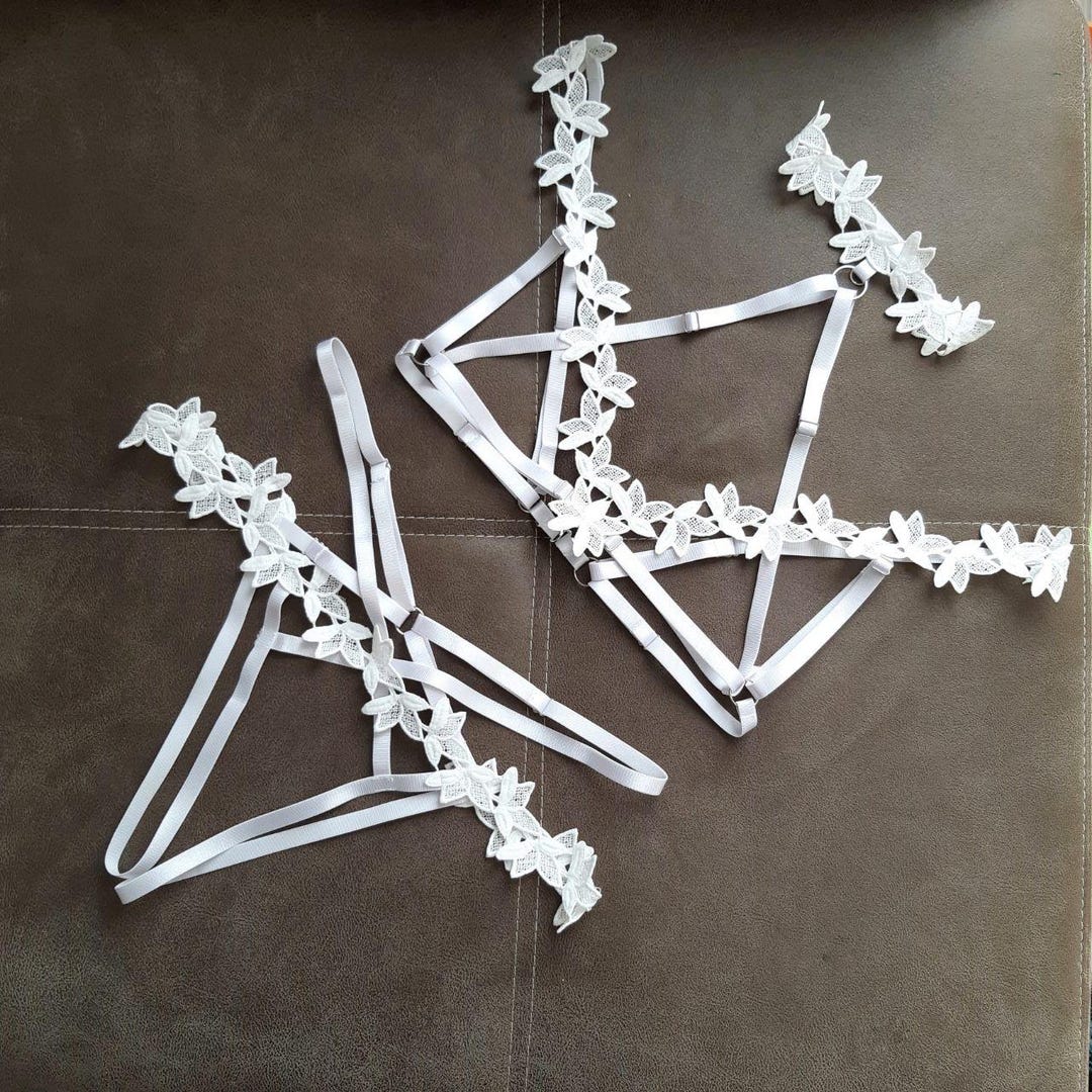 Cupless Lingerie Open Cup Bra Bridal Body Harness BLOOM White Harness ...