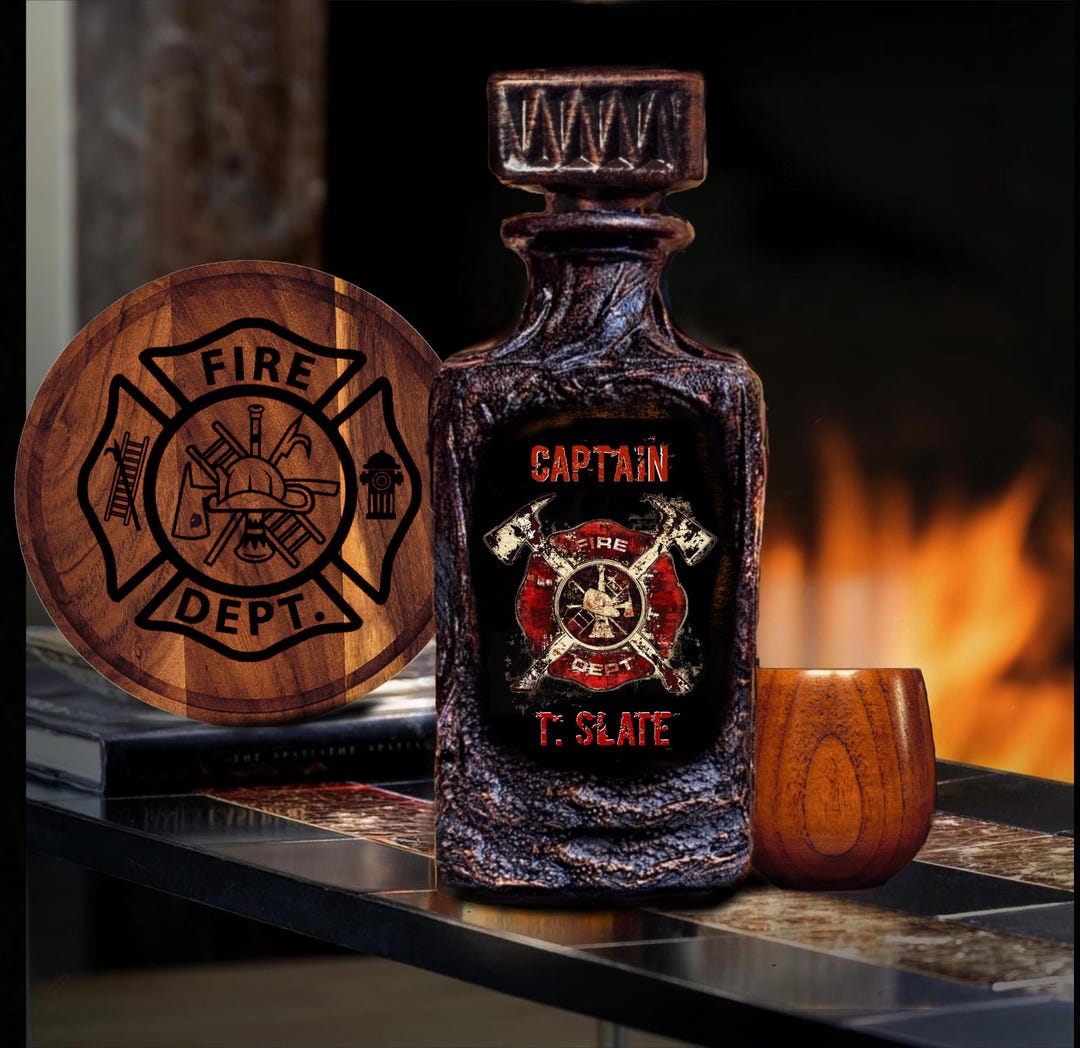 Personalized Fireman Whiskey Decanter Set: Lava Design, Wooden Cups ...