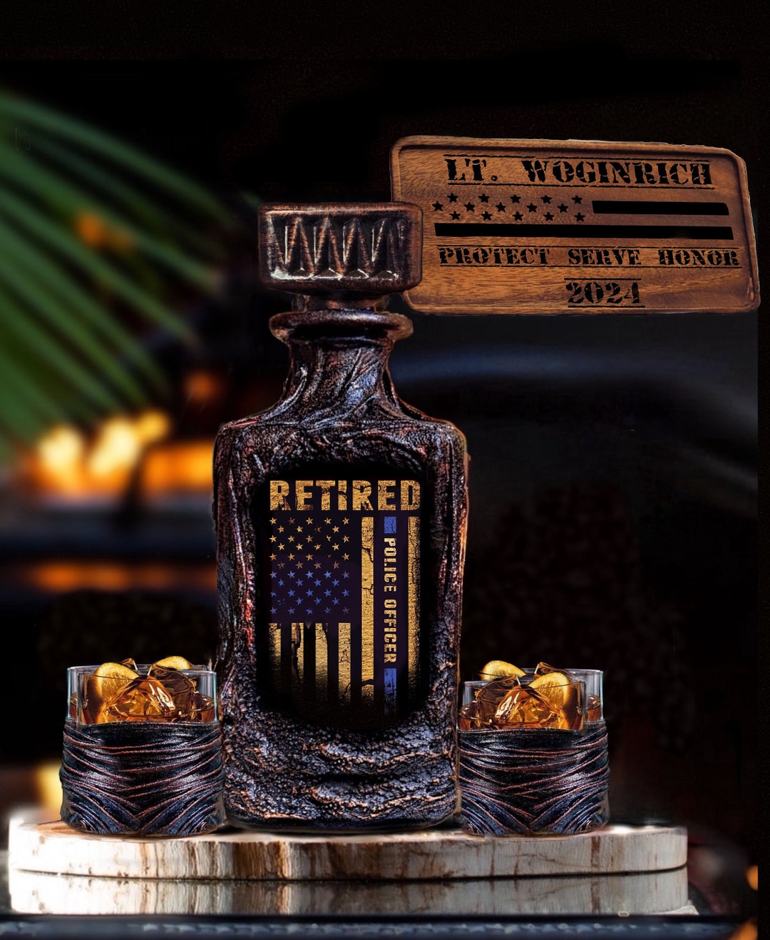 Personalized Retired Police Officer Whiskey Decanter Set: Lava Design ...