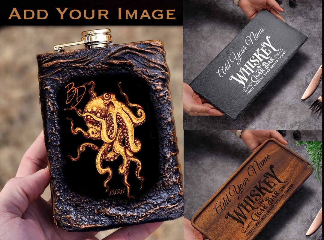 Octopus Personalized Whiskey Flask Set With Gift Box, Customized Slate ...