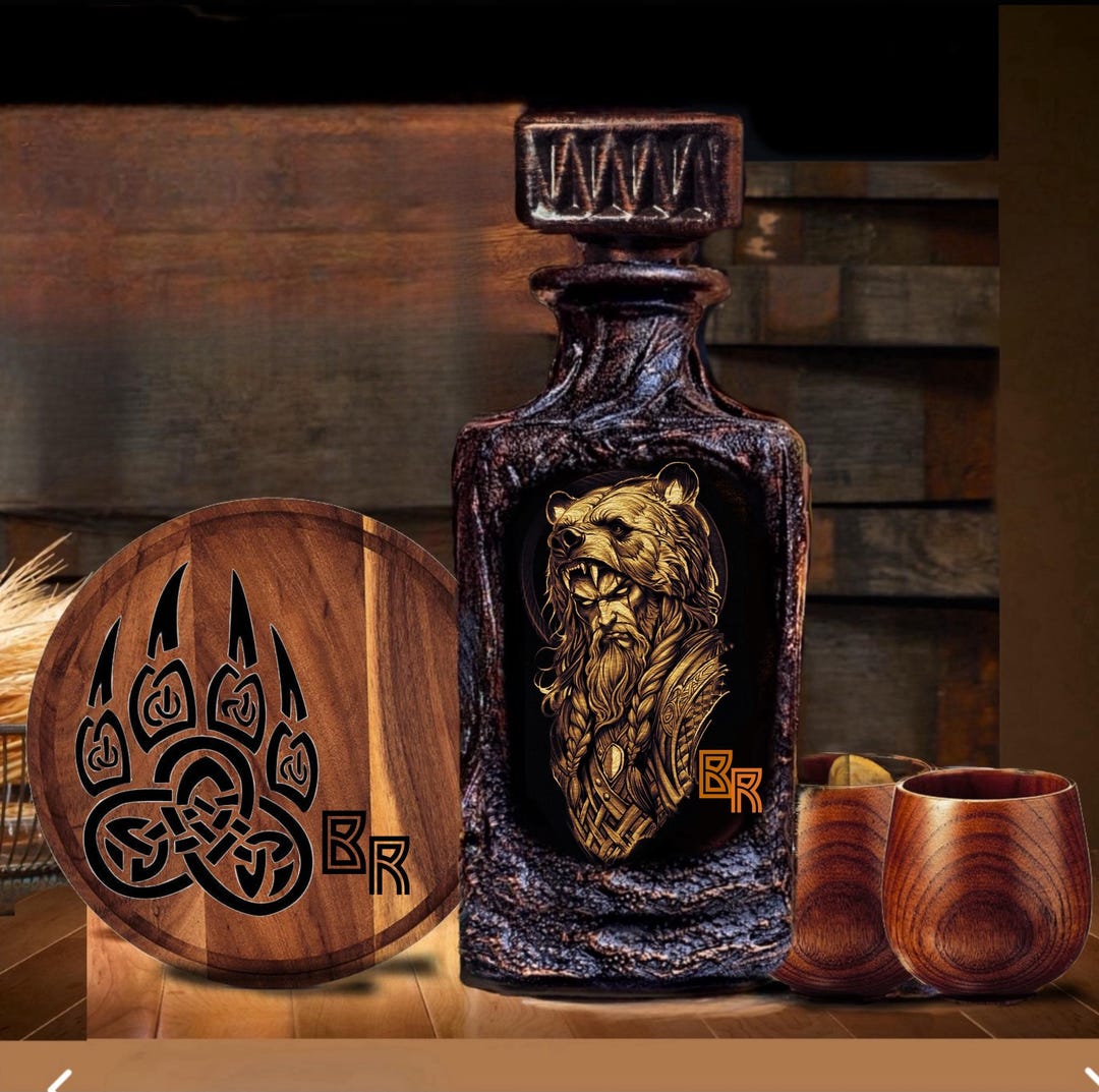 Personalized Bear Viking Whiskey Decanter Set: Engraved Wood, Hunting ...