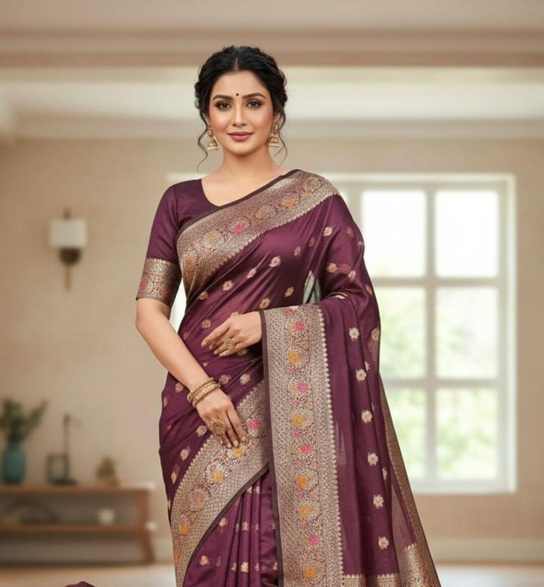Korea Oragnza Jacquard Plain Saree With Unstich Blouse and Fall Piko ...