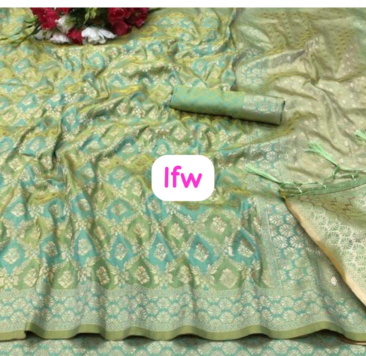 Banarasi Silk Work Saree for Women With Unstich Blouse and Fall Piko ...