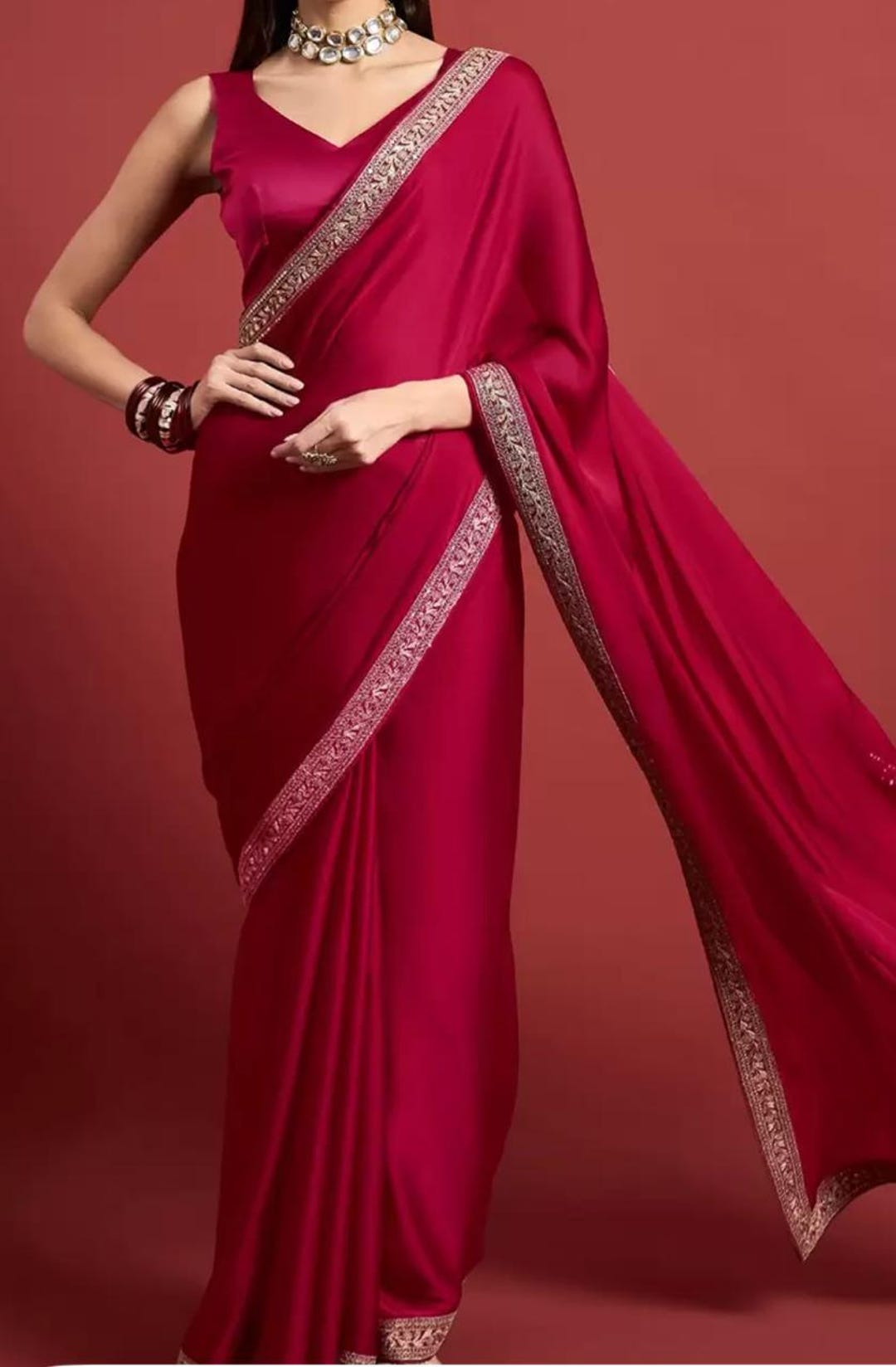 Satin Fabric Indian Women Lace Work Saree for Women With Unstich Blouse ...