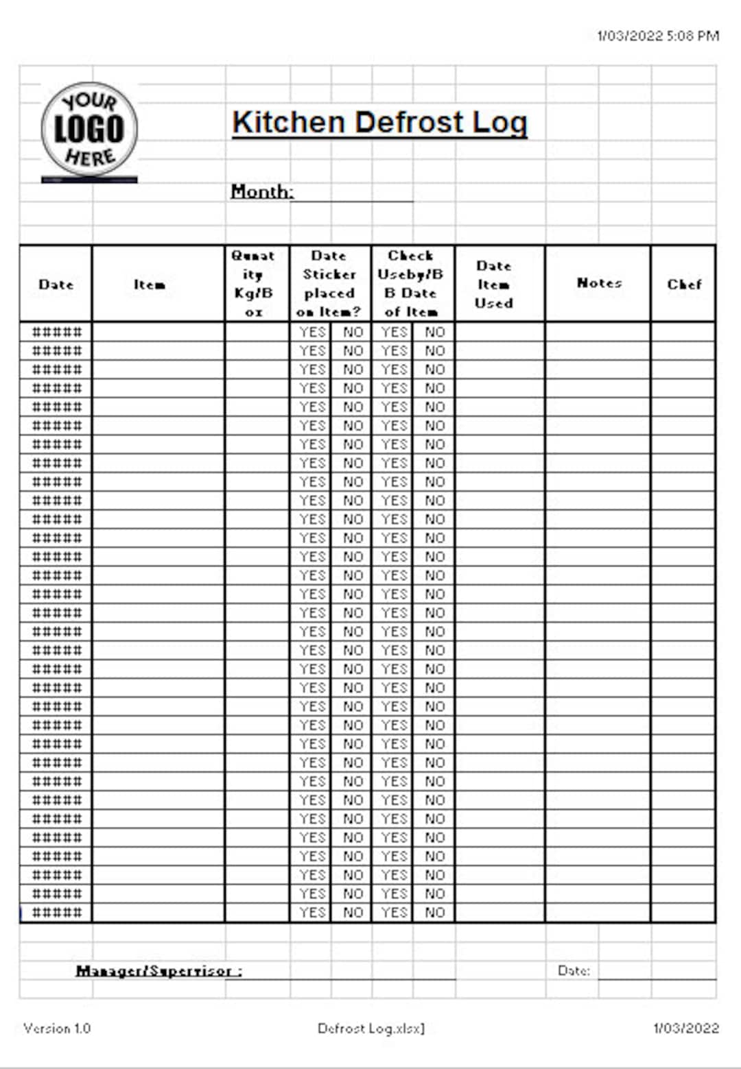 Kitchen Defrost HACCP Log - Etsy