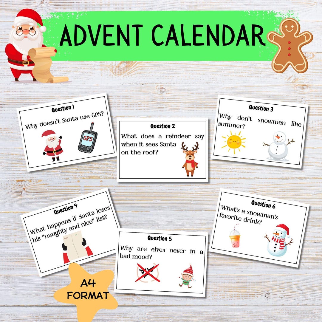 Printable Advent Calendar for Kids, 24 Funny Christmas Questions With ...