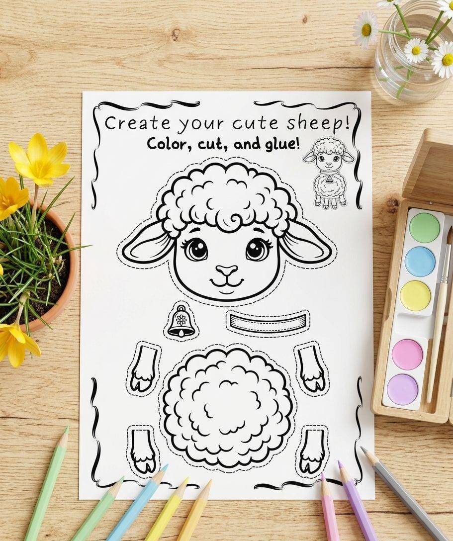 Cute Sheep Paper Craft for Kids | Spring Coloring Activity & DIY Cut ...