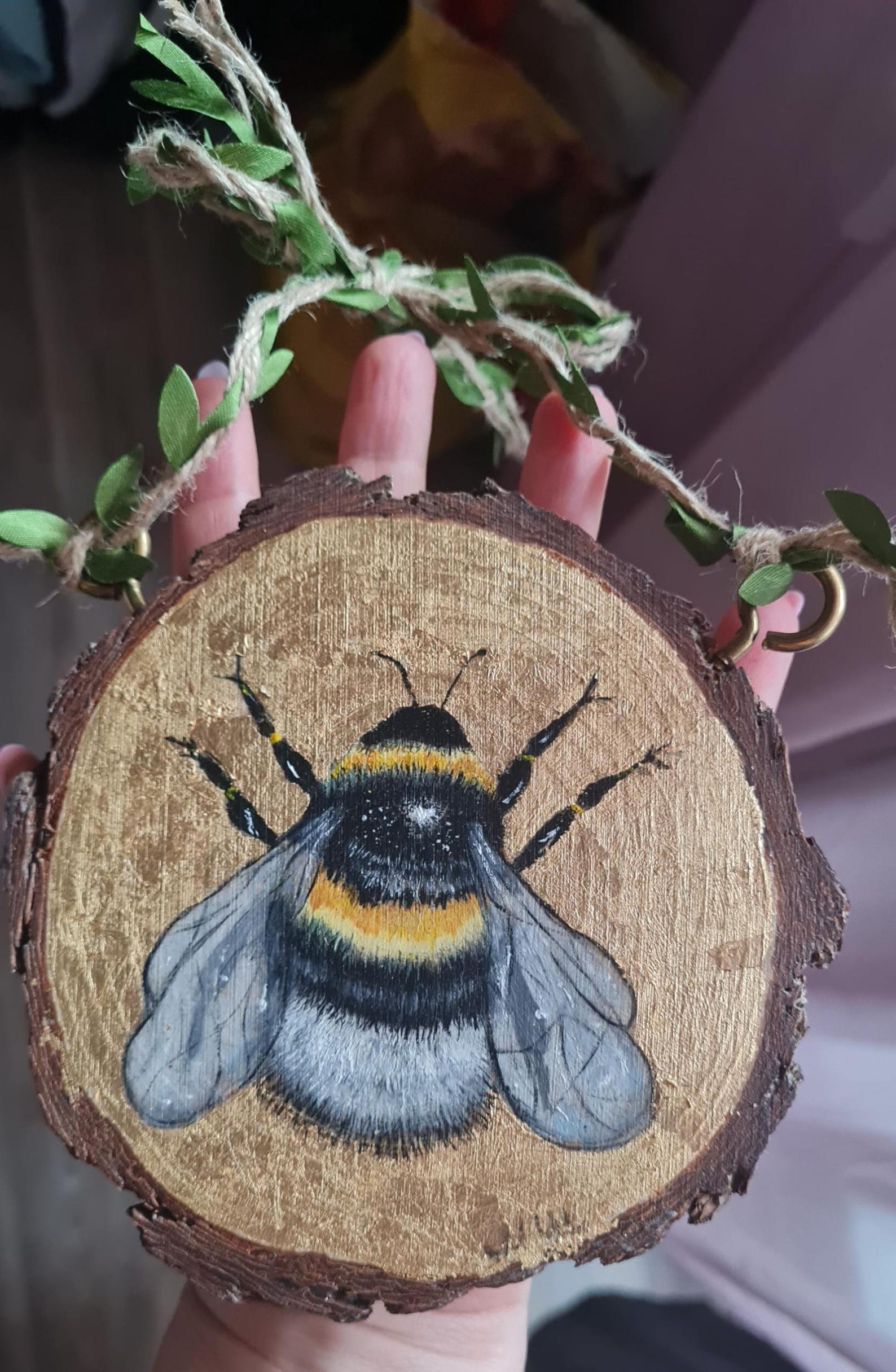 Bumblebee Painting on Wood Slice With Gold – Miniature Wall Art, Nature ...