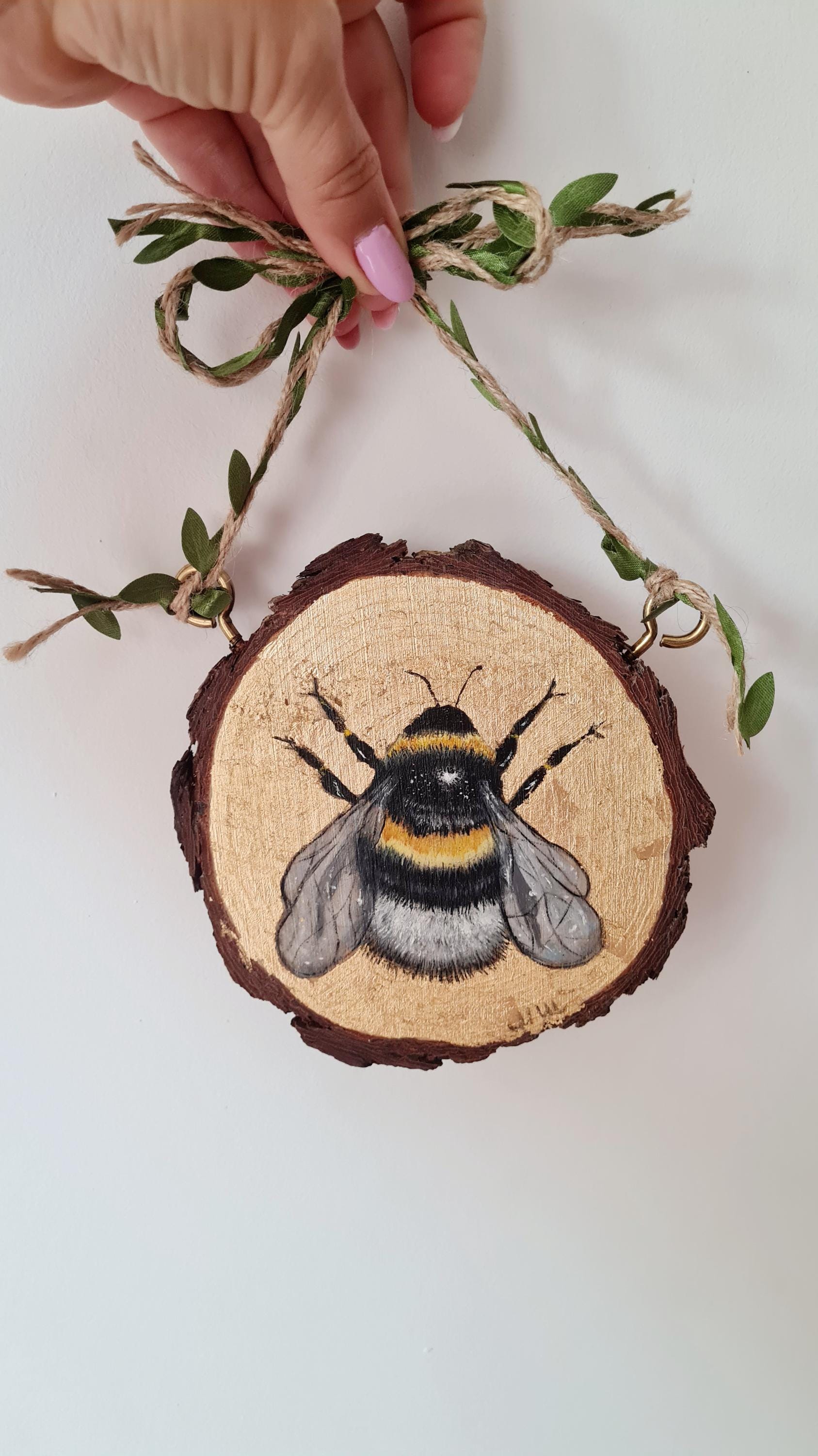 Bumblebee Painting on Wood Slice With Gold – Miniature Wall Art, Nature ...