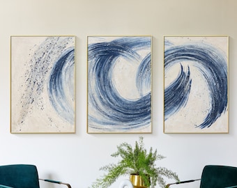 Set of 3 Dark Blue Abstract Painting Silver Textures Framed Wall Art 3 Pieces Silver Leaf ...