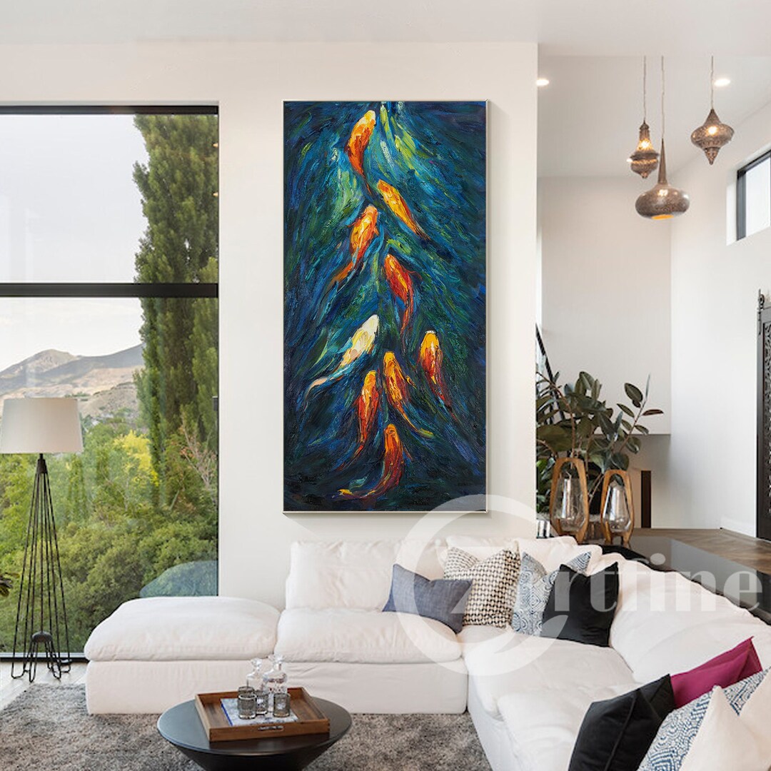 Navy Blue Abstract Koi Fish Wall Art Fengshui Zeng Wall Art Textured ...