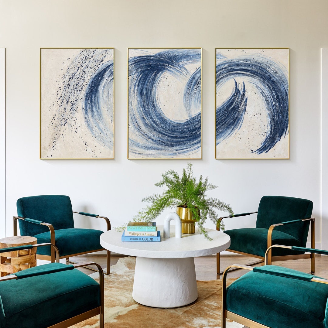 Set of 3 Navy Blue Abstract Wall Art Textured Painting on Canvas Extra ...