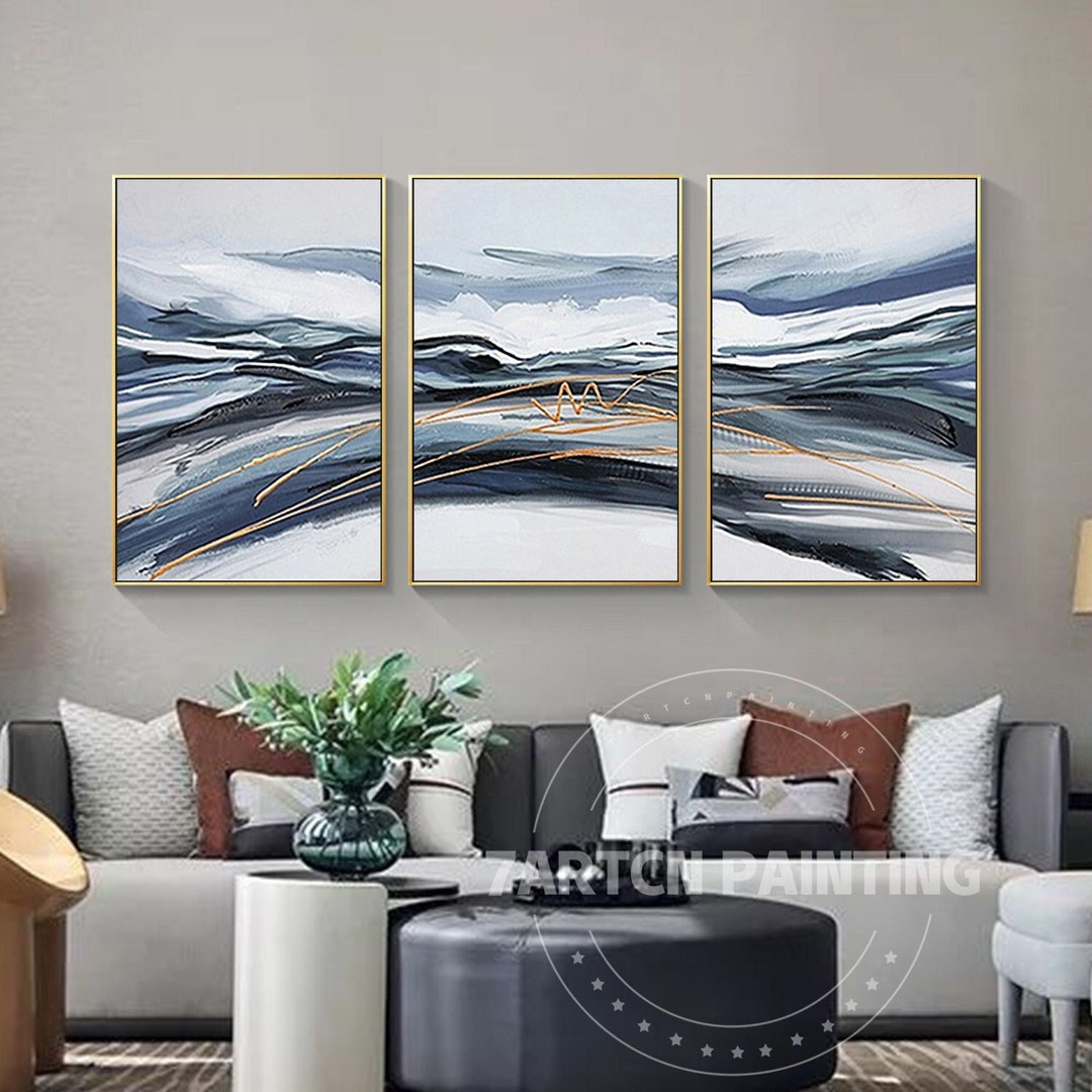 3 Piece Wall Art Abstract Blue Wall Art Painting on Canvas Framed Wall ...
