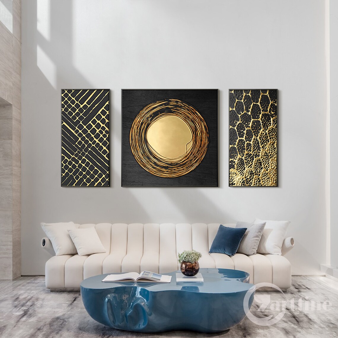Black Gold Abstract Paintings Original Set of 3 Wall Art Textured ...