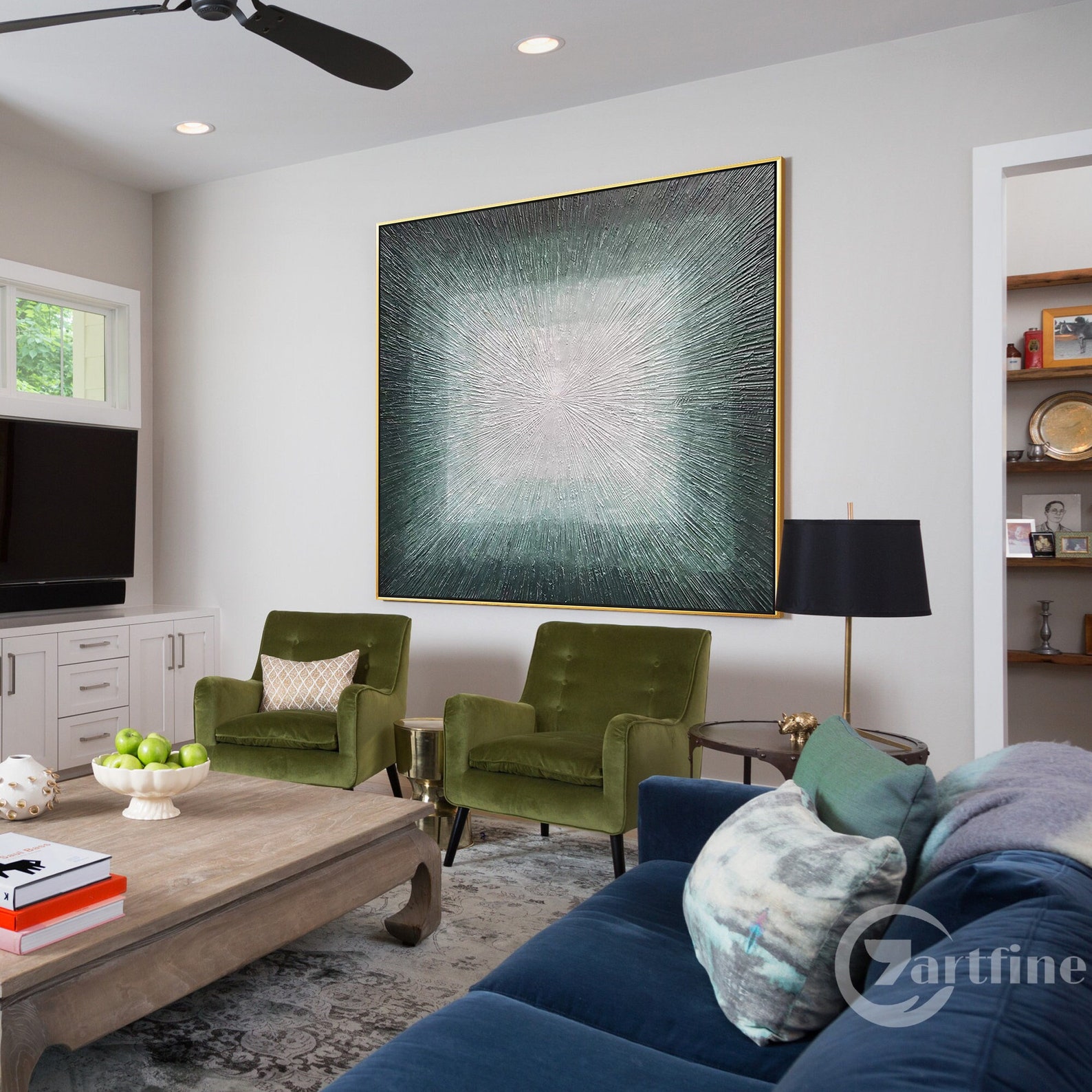 Minimalist Wall Art Green Link Abstract Painting on Canvas Large Framed Wall Art Modern Textured ...