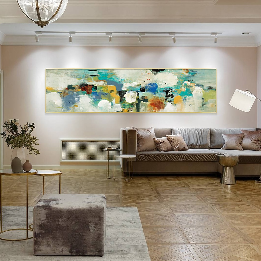 Abstract Green Teal Long Wall Art Acrylic on Canvas Painting Gold Leaf ...