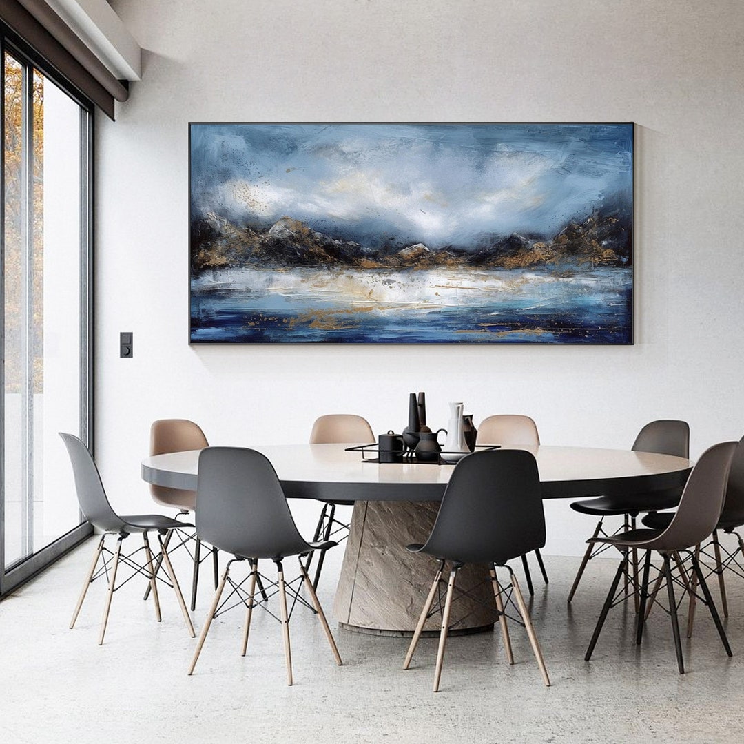 Original Deep Blue Abstract Acrylic Painting on Canvas, Brown Landscape ...