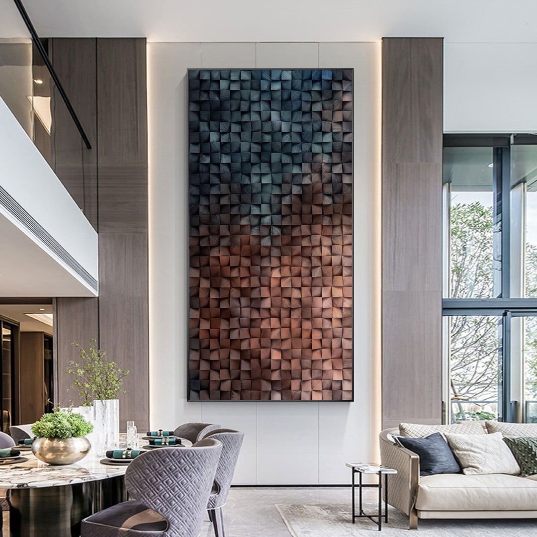 Wood Wall Art Deep Blue Brown Abstract Wood Painting Mosaic Sculpture ...