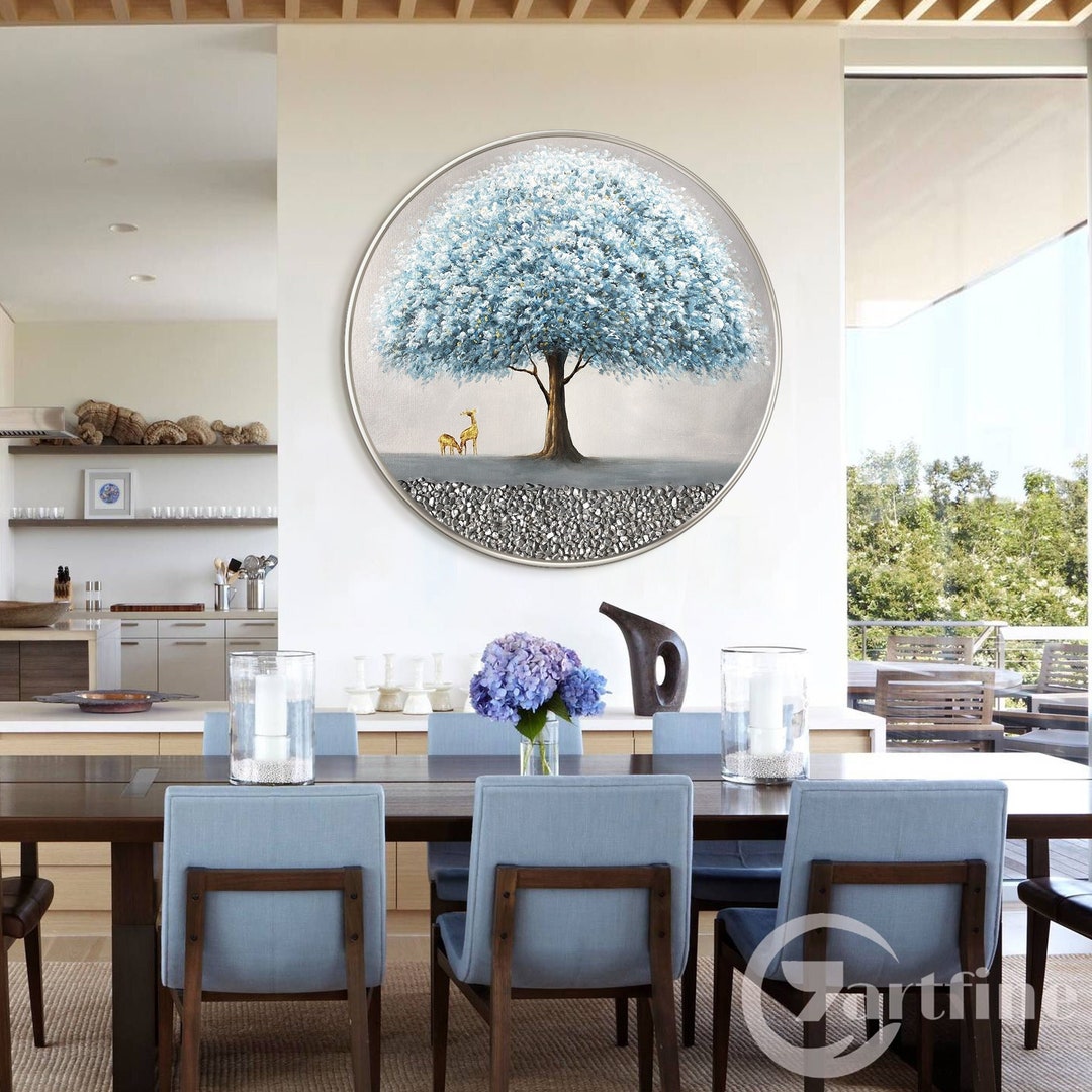 Blue Tree Wall Art Circle Painting Abstract Blossom Tree Art Round ...