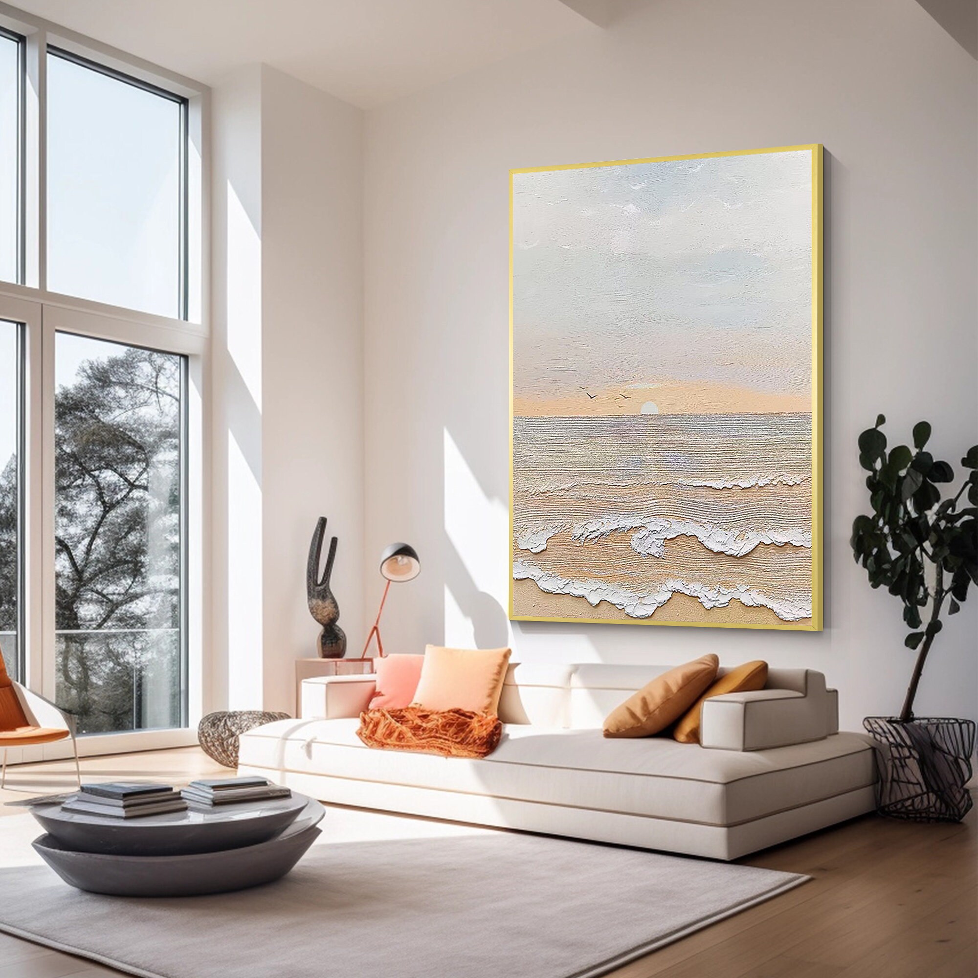 Sunrise Beach Wall Art Abstract Sunset Ocean Painting Textured Coastal ...