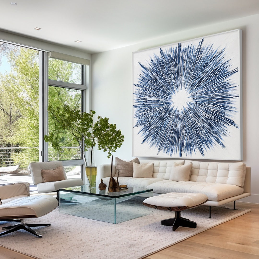 Navy Blue Canvas Wall Art Abstract Sunbrust Textured Painting ,extra ...