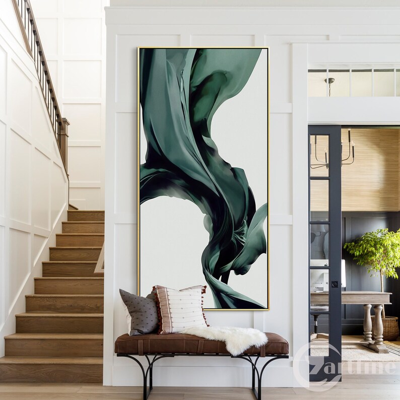 Deep Green Abstract Large Painting, Green Silk Huge Wall Art,boho Wall ...