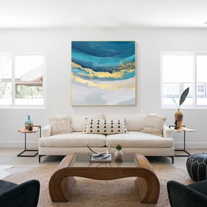 Turquoise Wall Art Blue Gold Abstract Paintings Canvas Wall Art Ocean ...
