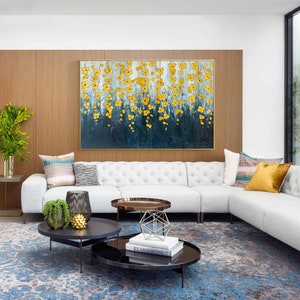 Blue Gold Floral Wall Art Modern Abstract Painting on Canvas Large Gold ...
