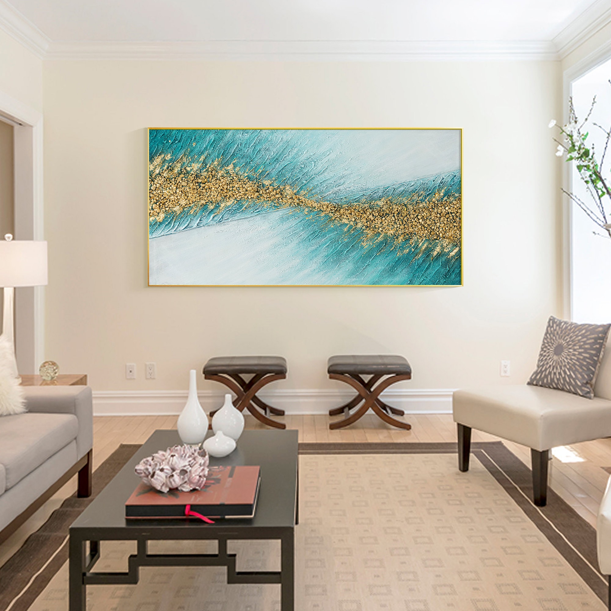 Abstract Turquoise Gold Wall Art Original Sandy Painting Acrylic on ...