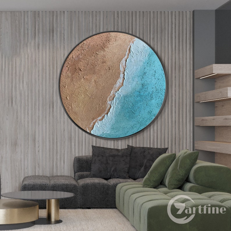 Round Painting Abstract Painting Beach Wall Art Acrylic Textured Blue ...