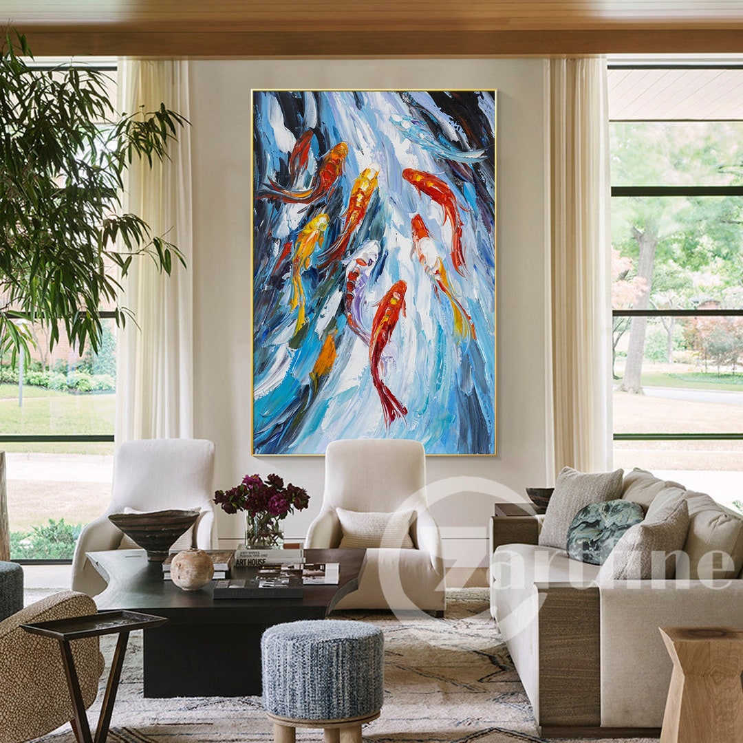 Koi Fish Painting Abstract Blue Wall Art Feng Shui Large Colorful Fish ...