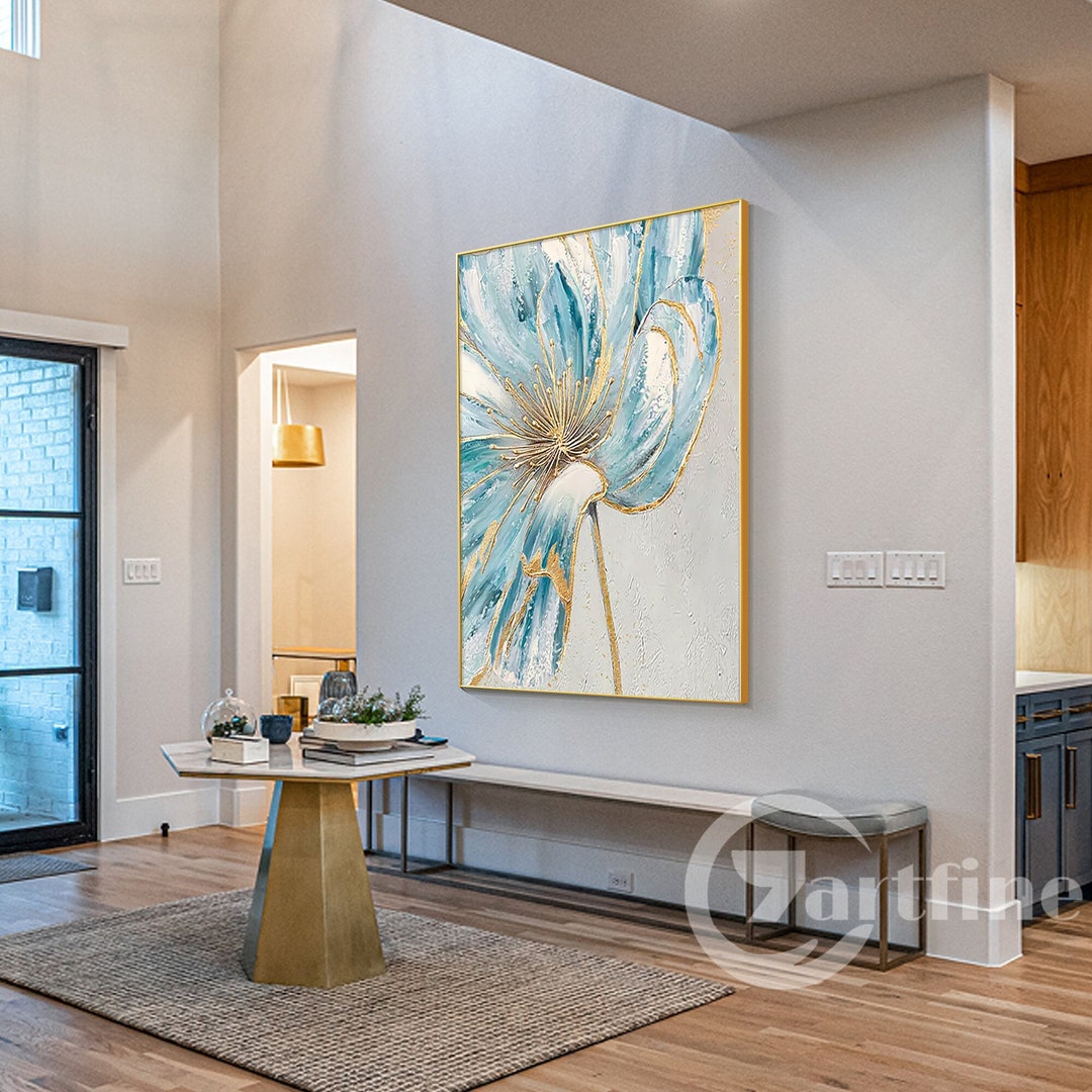 Abstract Blue Flower Wall Art Gold Floral Art Acrylic Paintings on ...