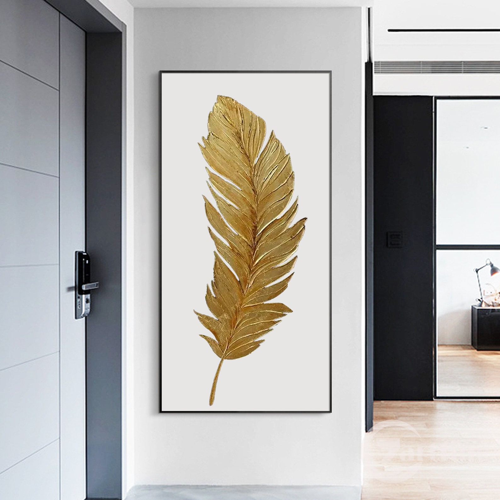 Gold Feather Painting Frame Wall Art Canvas Original Feather | Etsy