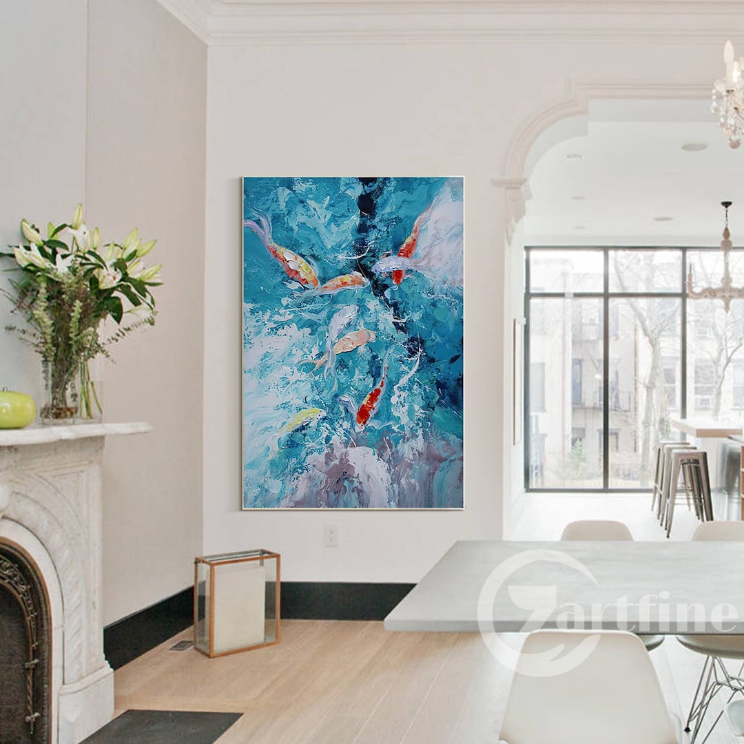 Blue Koi Fish Abstract Wall Art Acrylic on Canvas Painting Feng Shui ...
