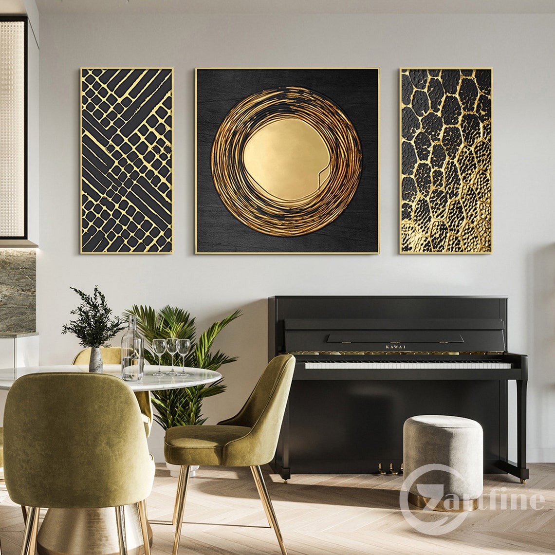 Black Gold Abstract Paintings Original Set of 3 Wall Art Textured ...