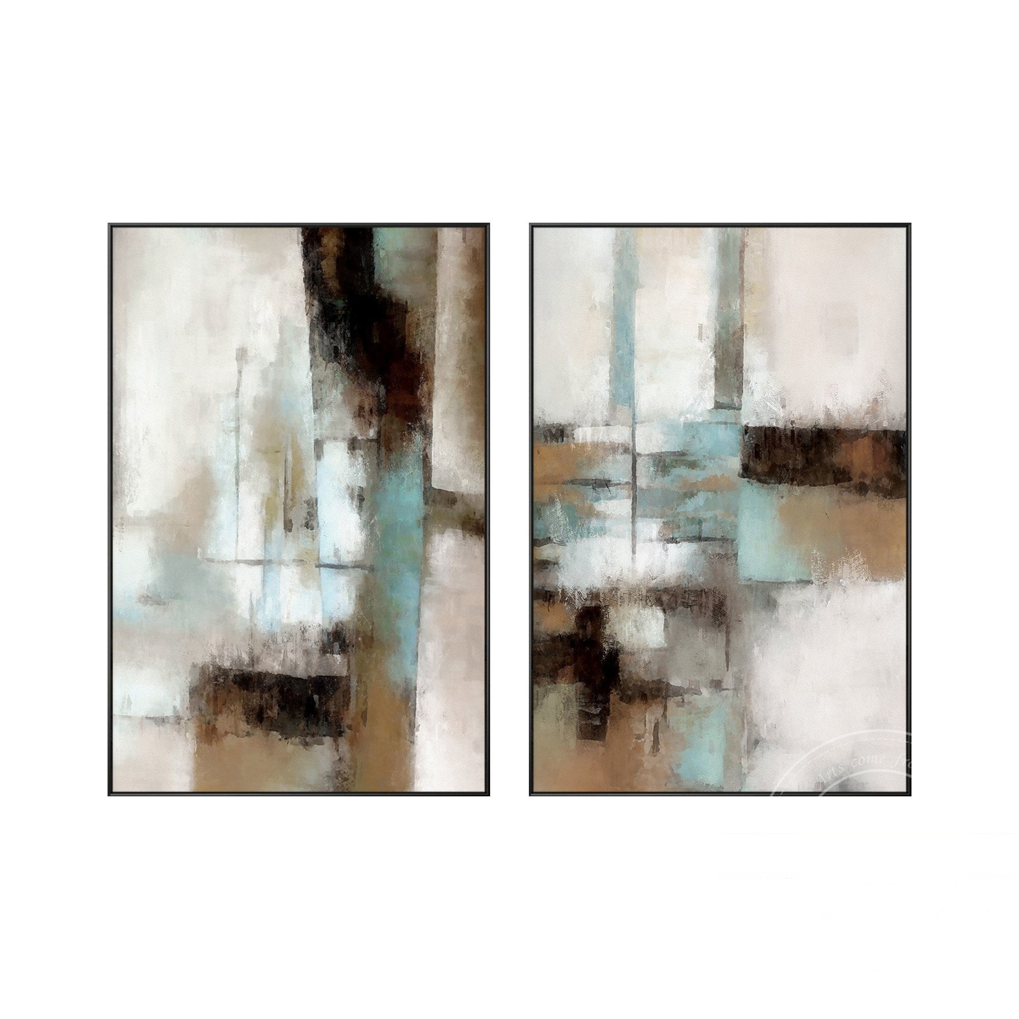 Set of 2 Pieces Abstract Blue Black Brown Canvas Painting Acrylic ...