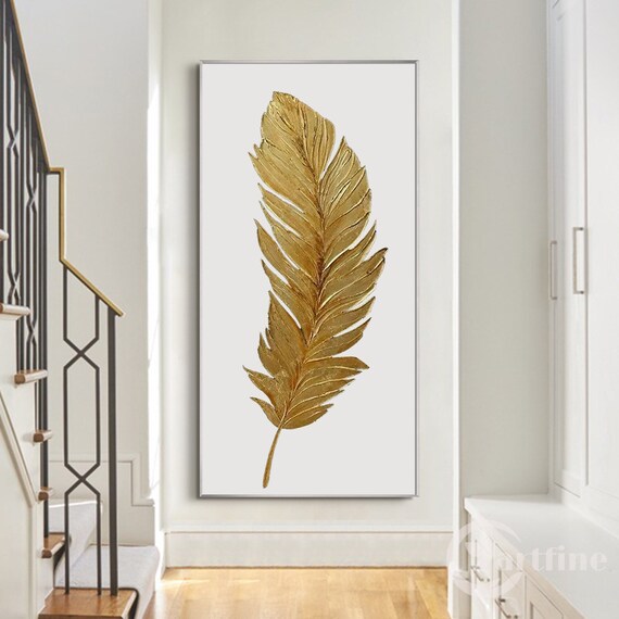 Gold Feather Painting Frame Wall Art Canvas Original Feather | Etsy