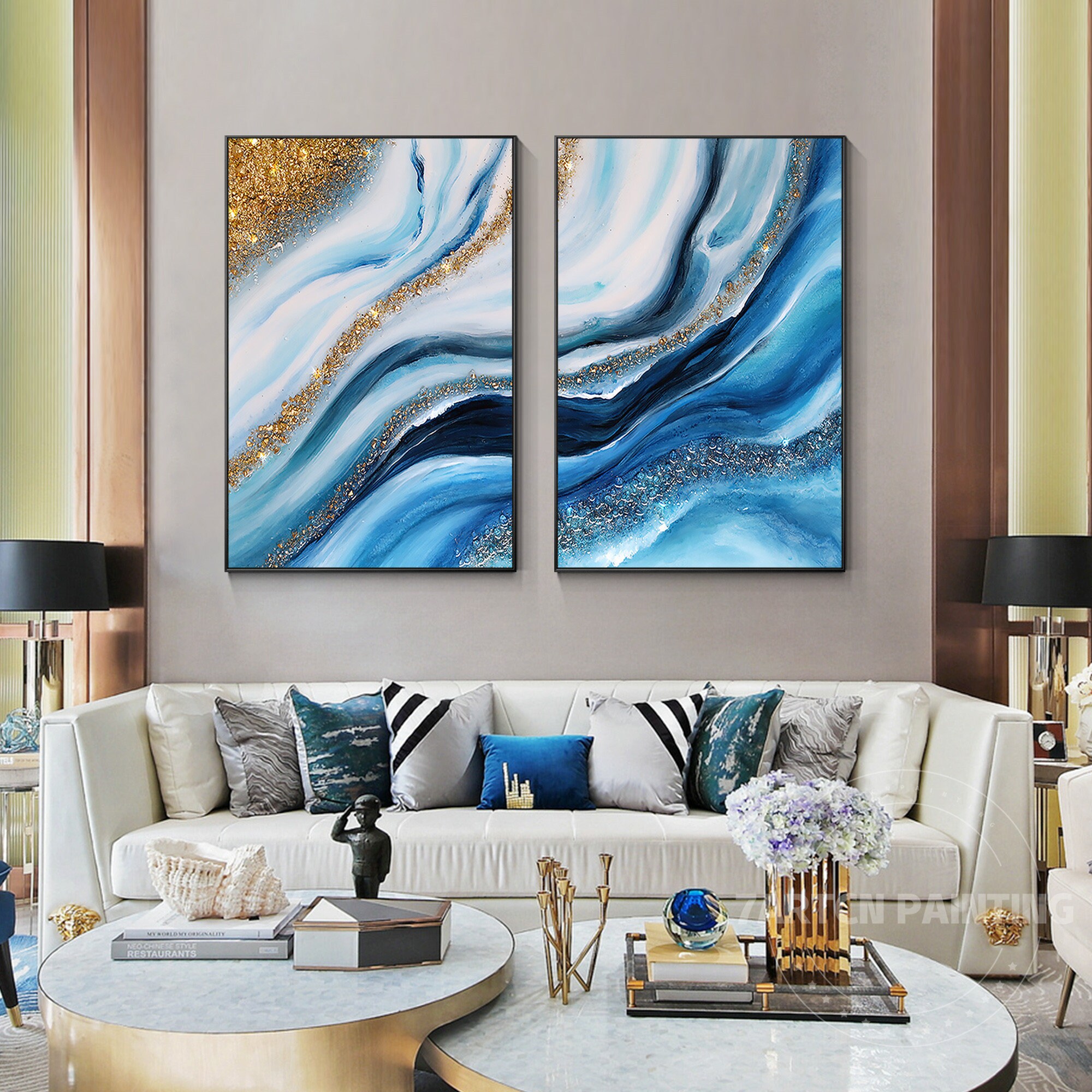 Set of 2 Resin Art Framed Wall Art Abstract Gold Blue Black | Etsy