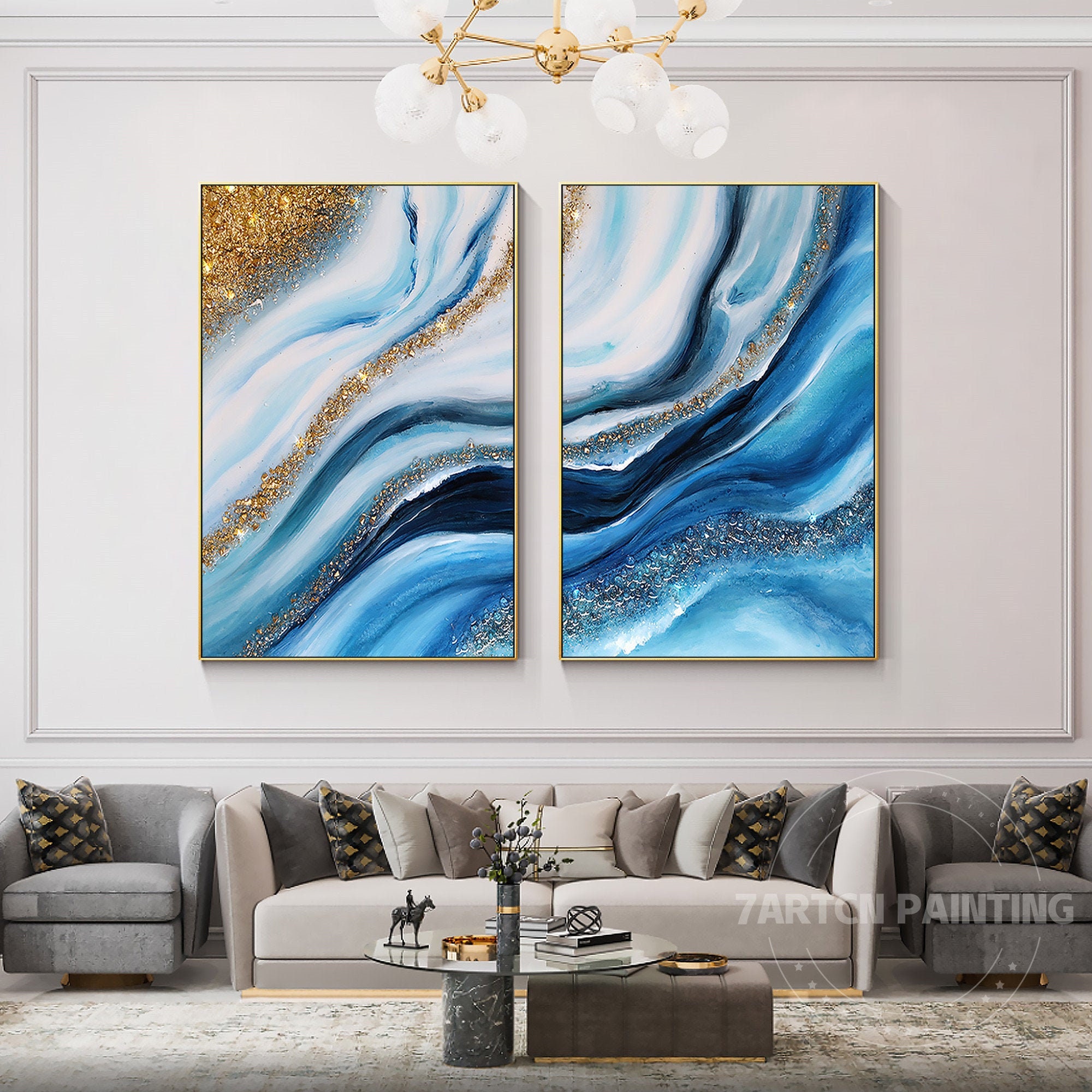 Set of 2 Resin Art Framed Wall Art Abstract Gold Blue Black | Etsy